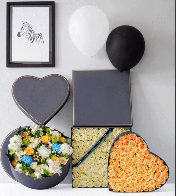 Luxury Extra-Large Satin Flower Box with Gold Trim- Square & Heart sha ...
